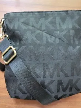 Bags | Black Logo Jacquard Crossbody With Gold Mk Medallion | Poshmark